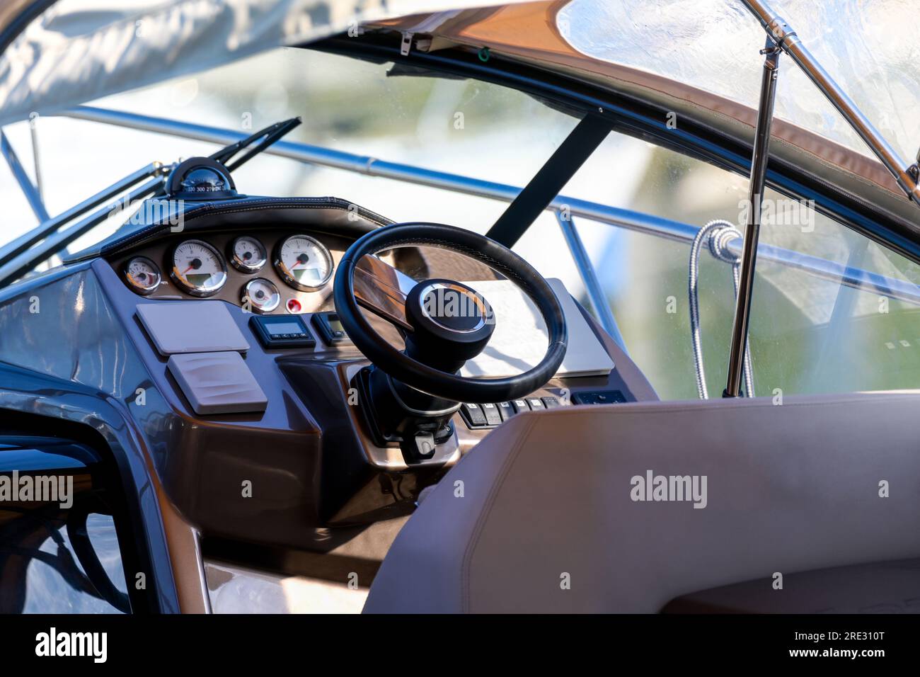 Close up of the driver's cab cockpit of a high quality luxury leisure ...
