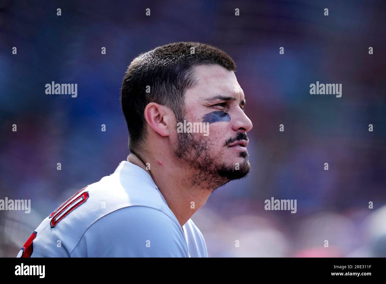 St. Louis Cardinals' Nolan Arenado looks out from the dugout during a ...