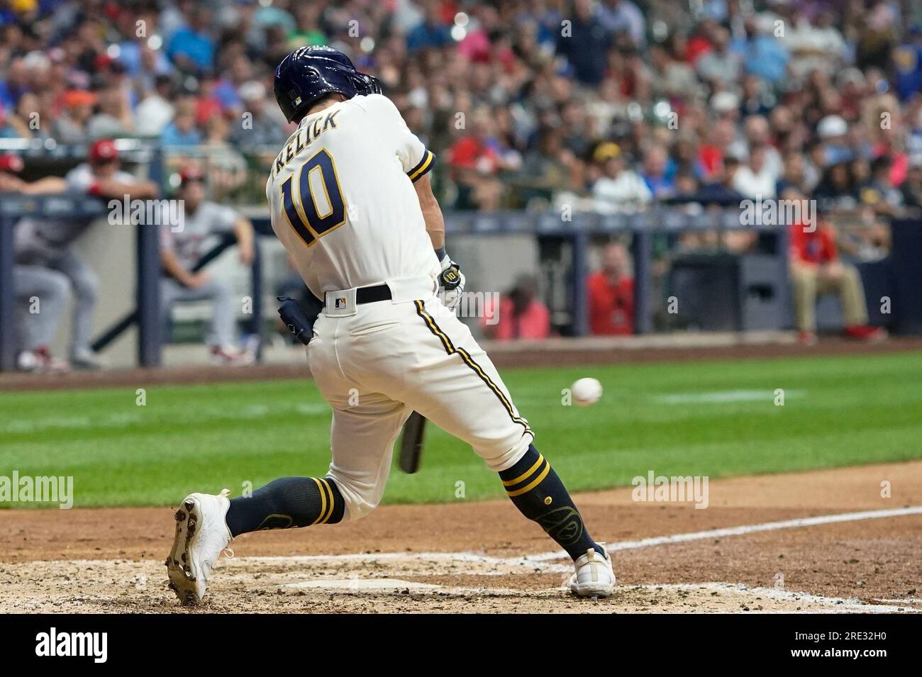 Milwaukee Brewers' Sal Frelick hits a home run during the sixth inning ...