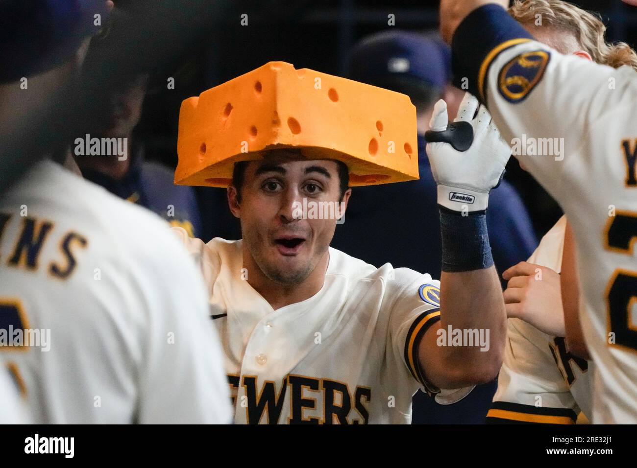 Milwaukee Brewers' Sal Frelick reacts after hitting a home run during ...
