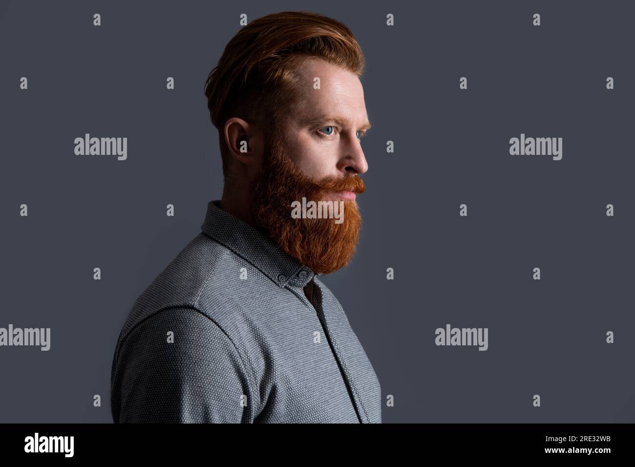 profile of unshaven guy with beard and moustache isolated on grey ...