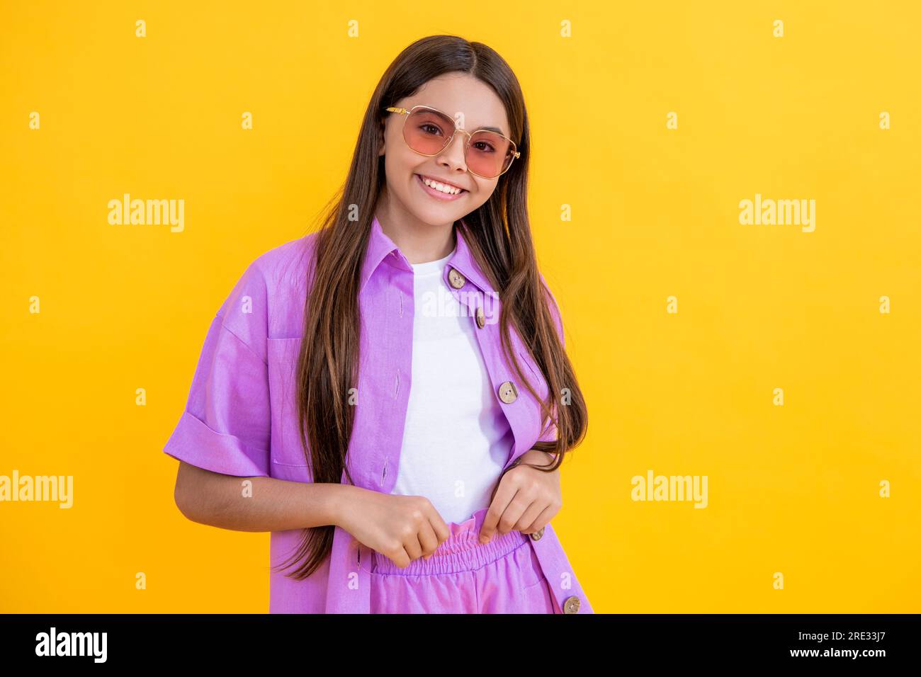 happy teen girl in summer stylish clothing enjoying weather isolated in ...