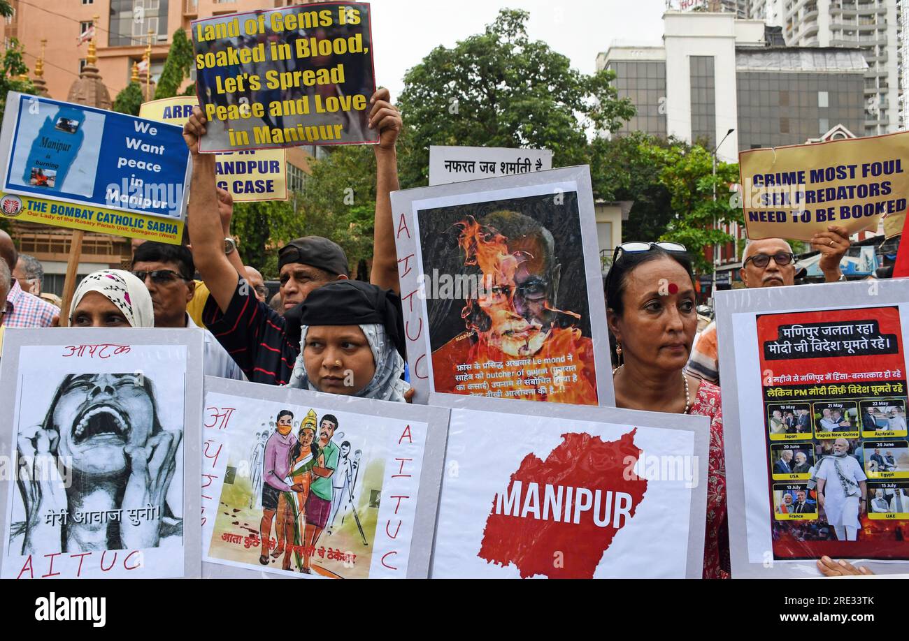 Mumbai, India. 24th July, 2023. Protesters hold placards expressing ...