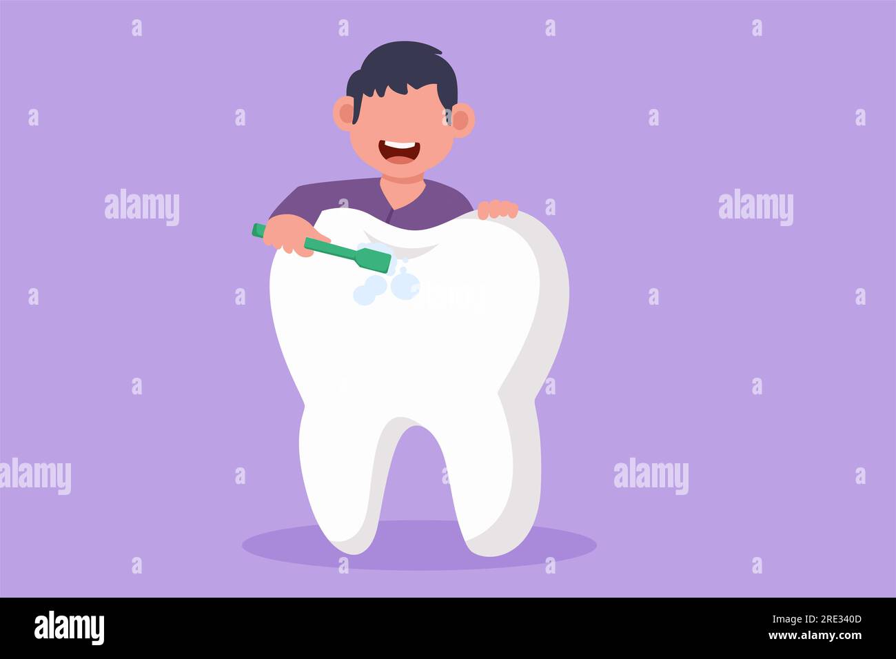 Cartoon flat style drawing little boy brushing giant teeth with ...