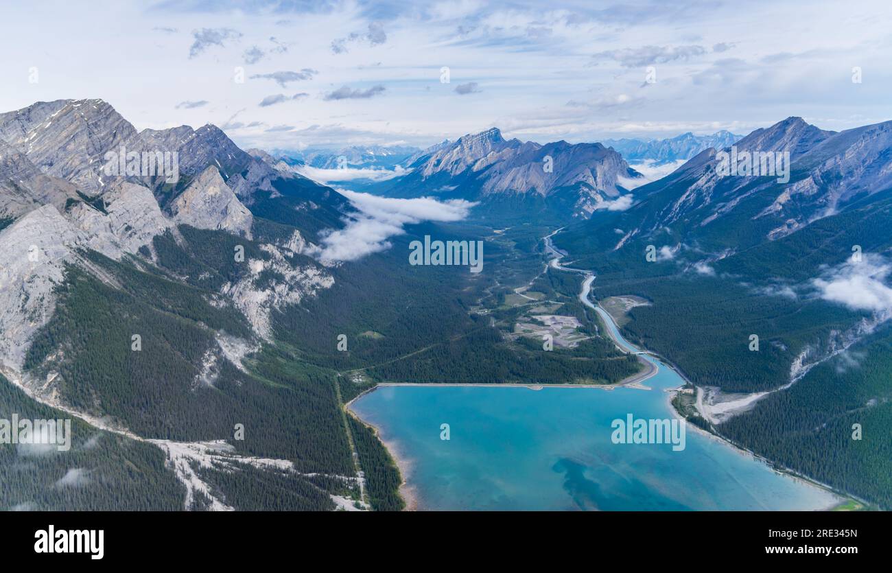 Helicopter aerial view of Banff National Park overlooking the beautiful ...