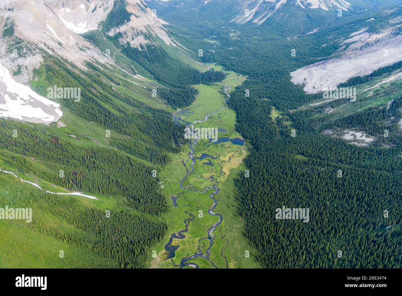 Helicopter aerial view of Banff National Park overlooking the beautiful ...