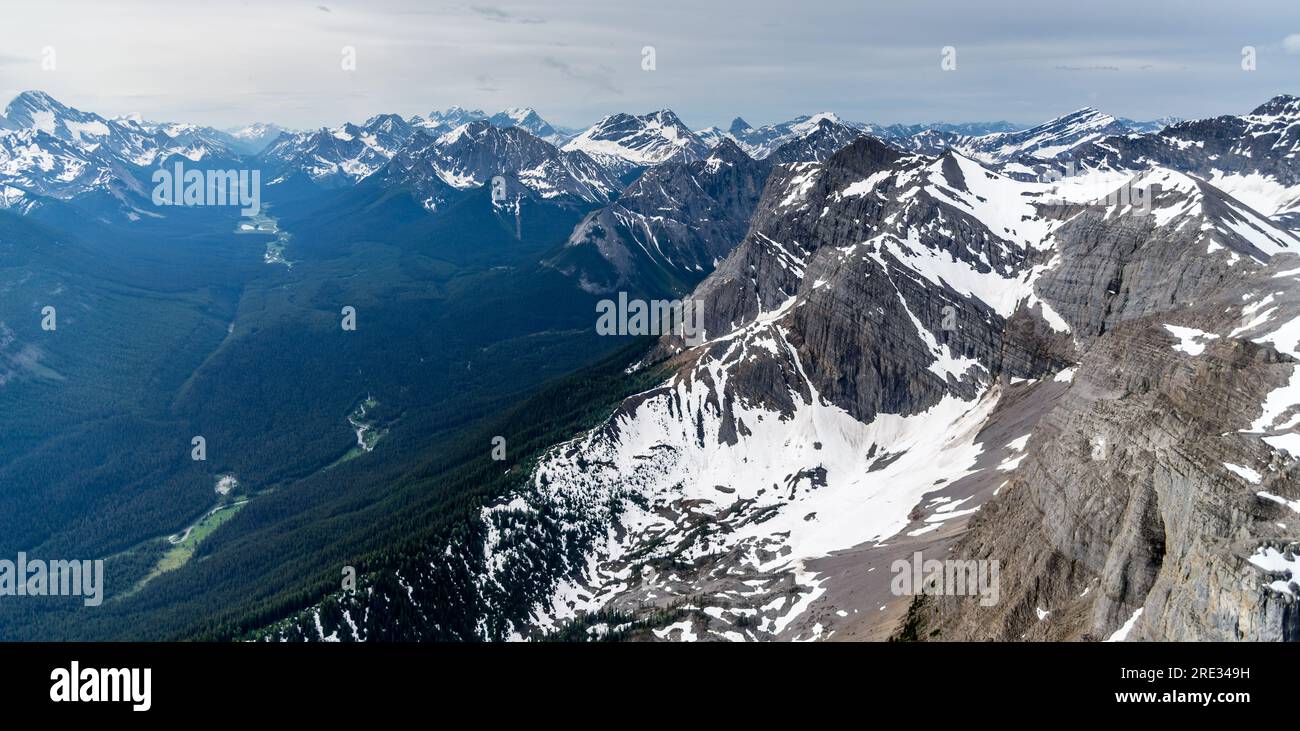 Helicopter aerial view of Banff National Park overlooking the beautiful ...