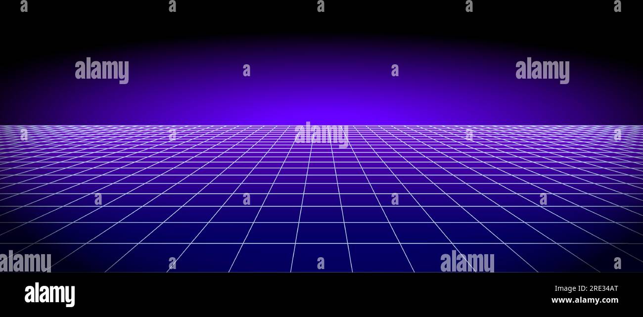 Retro futuristic grid background vanishing in distance. Bright neon purple glowing tile floor ...