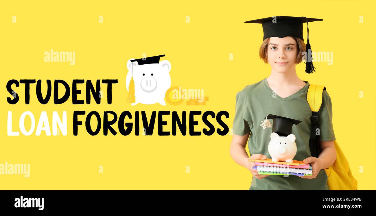 Teenage boy with graduation hat and savings for education on yellow ...