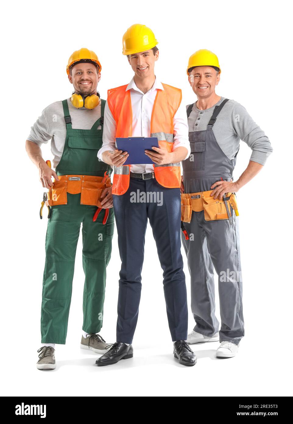 Team of male builders with tools on white background Stock Photo - Alamy