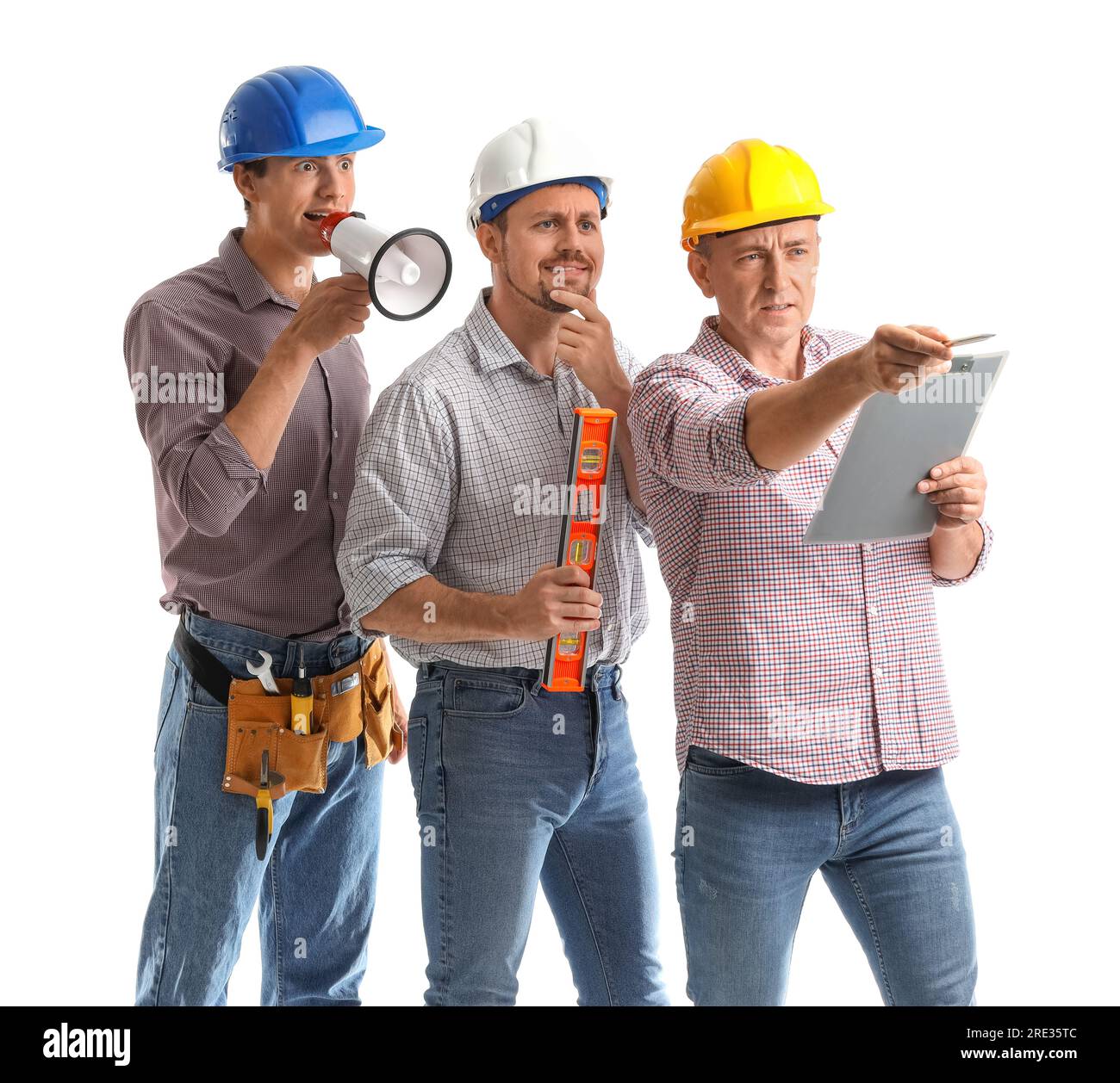 Team of male builders with tools on white background Stock Photo - Alamy