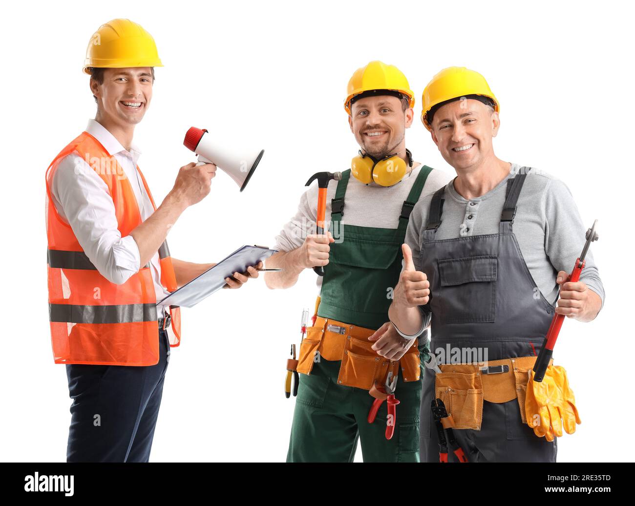 Team of male builders on white background Stock Photo - Alamy