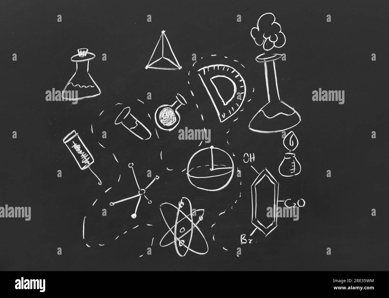 Different drawn physical and chemical symbols on black chalkboard Stock ...