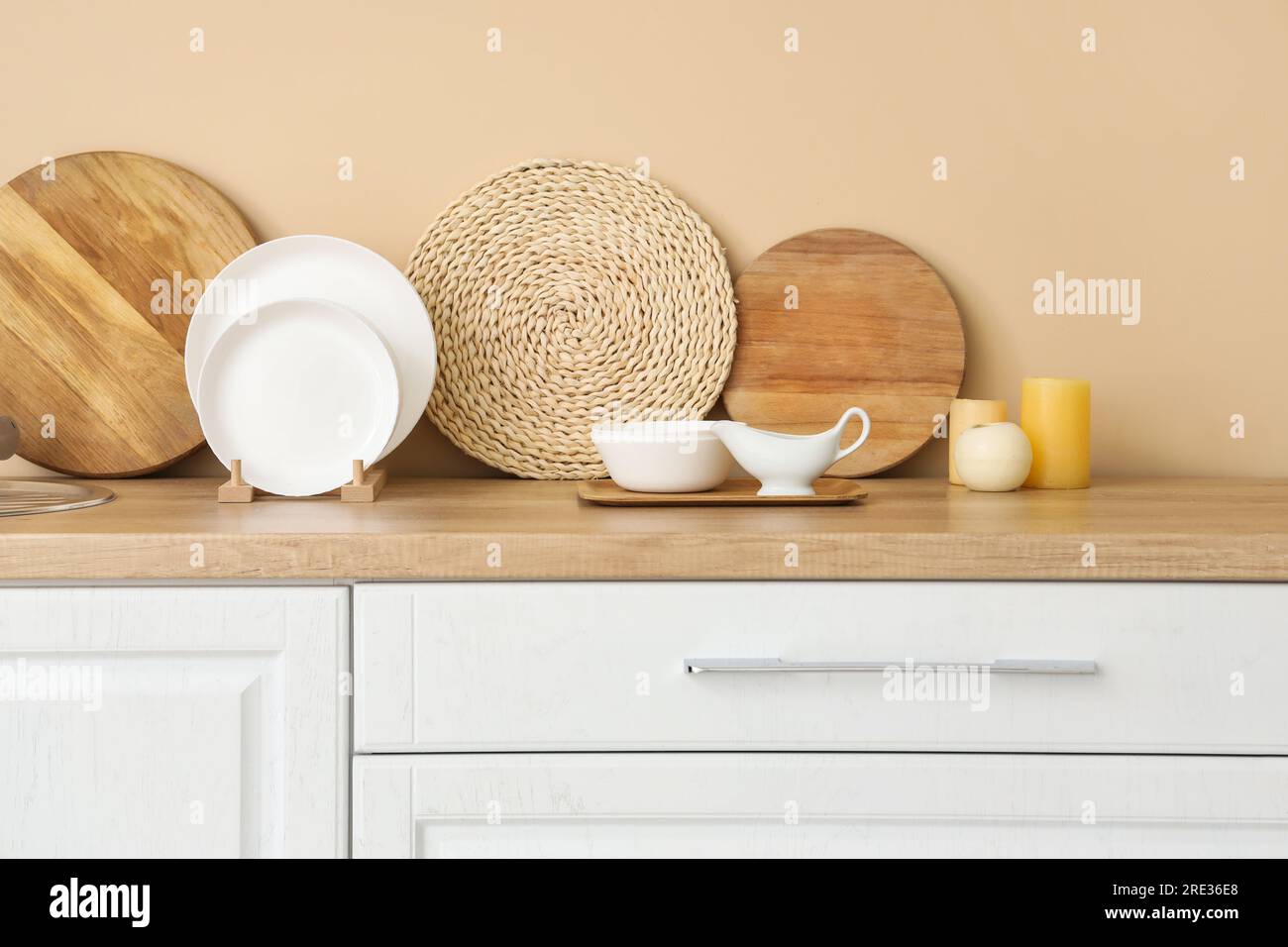 Kitchen counter with plate rack, clean dishes and cutting boards Stock ...