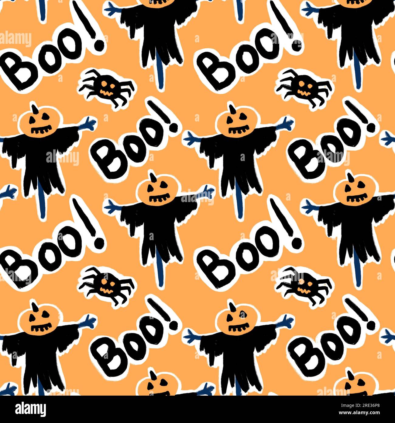 Hand drawn seamless pattern with black Halloween spider scarecrow boo ...