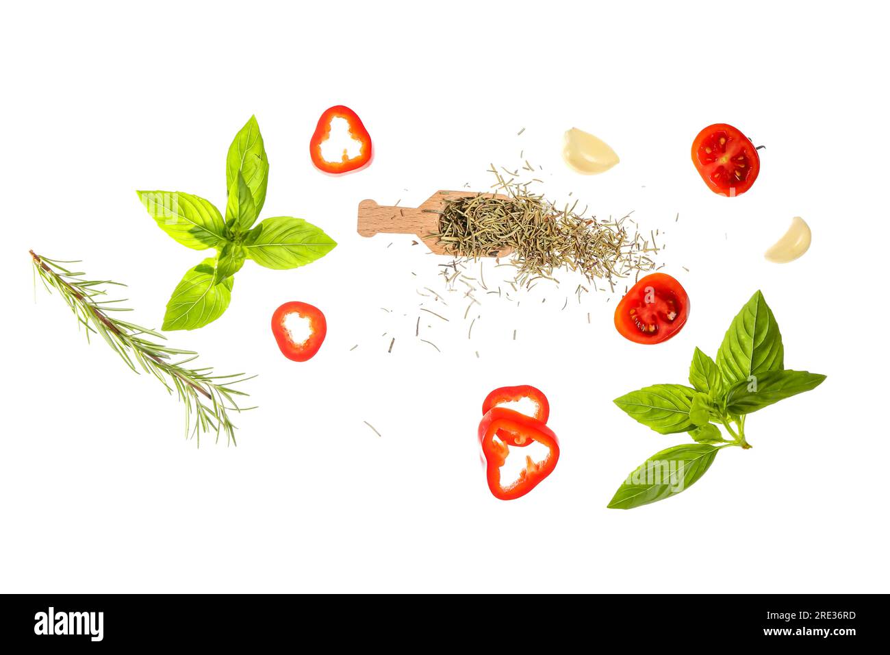 Flying spices, herbs and vegetables on white background Stock Photo - Alamy