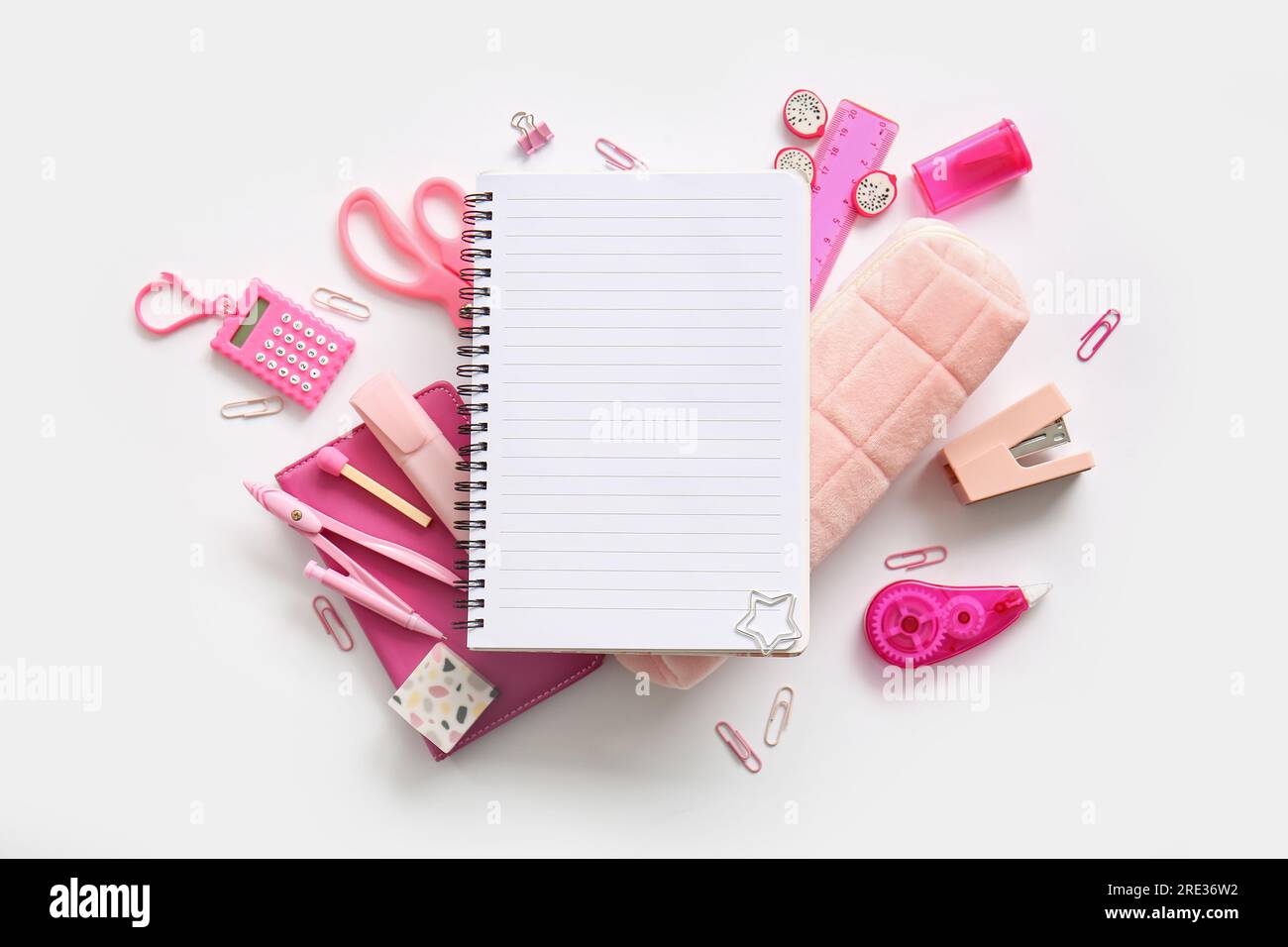 Composition with blank notebook and different school stationery on ...