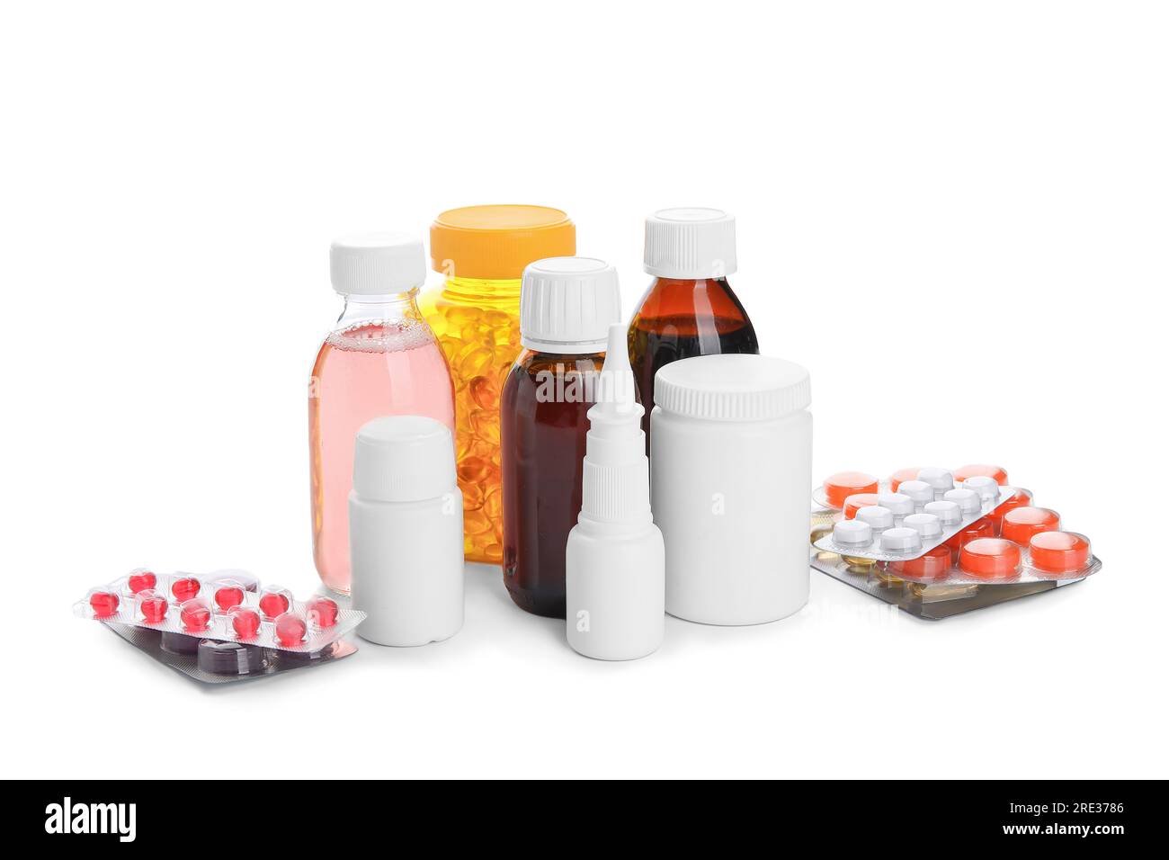 Different pills and bottles of medicines on white background Stock ...