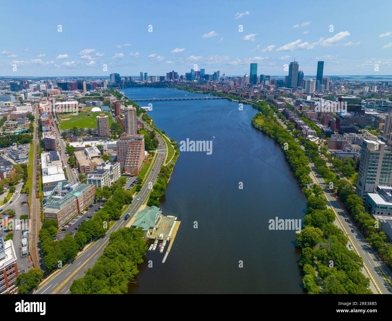 Aerial view of Cambridge on the left and Boston Back Bay on the right ...