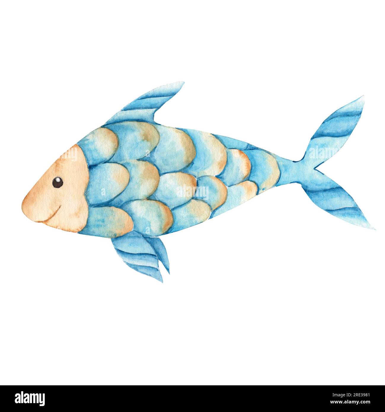 Cute blue yellow fish isolated on white background. Watercolor hand ...
