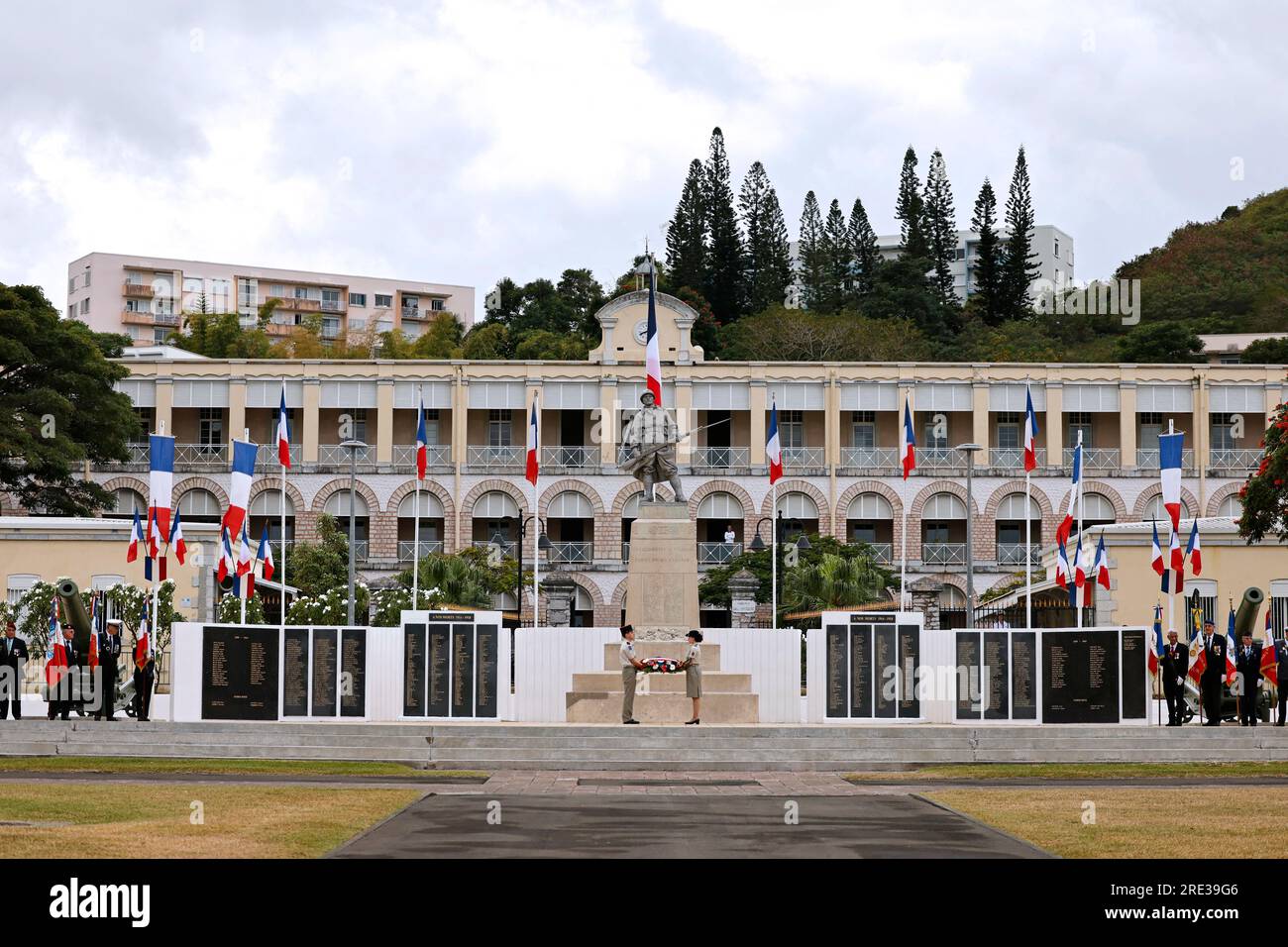 Noumea, France. 25th July, 2023. Soldiers place flowers during a Bir ...