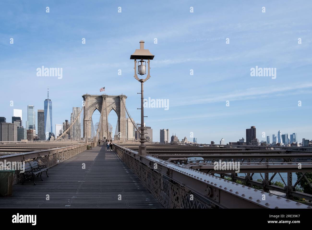 Architectural detail of the Brooklyn Bridge, a hybrid cable-stayed/suspension bridge in New York ...