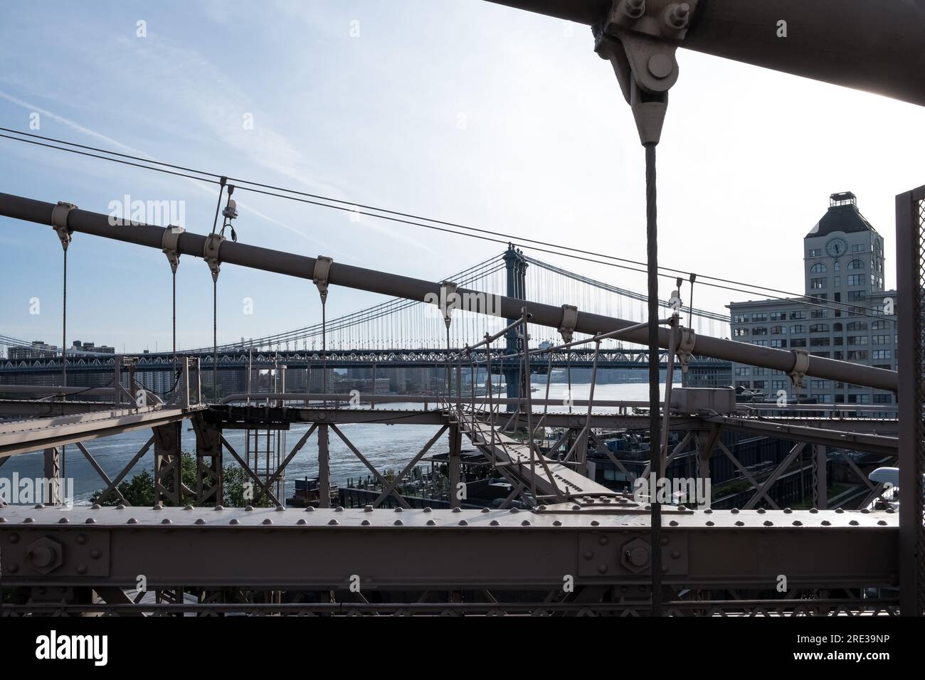 Architectural detail of the Brooklyn Bridge, a hybrid cable-stayed ...