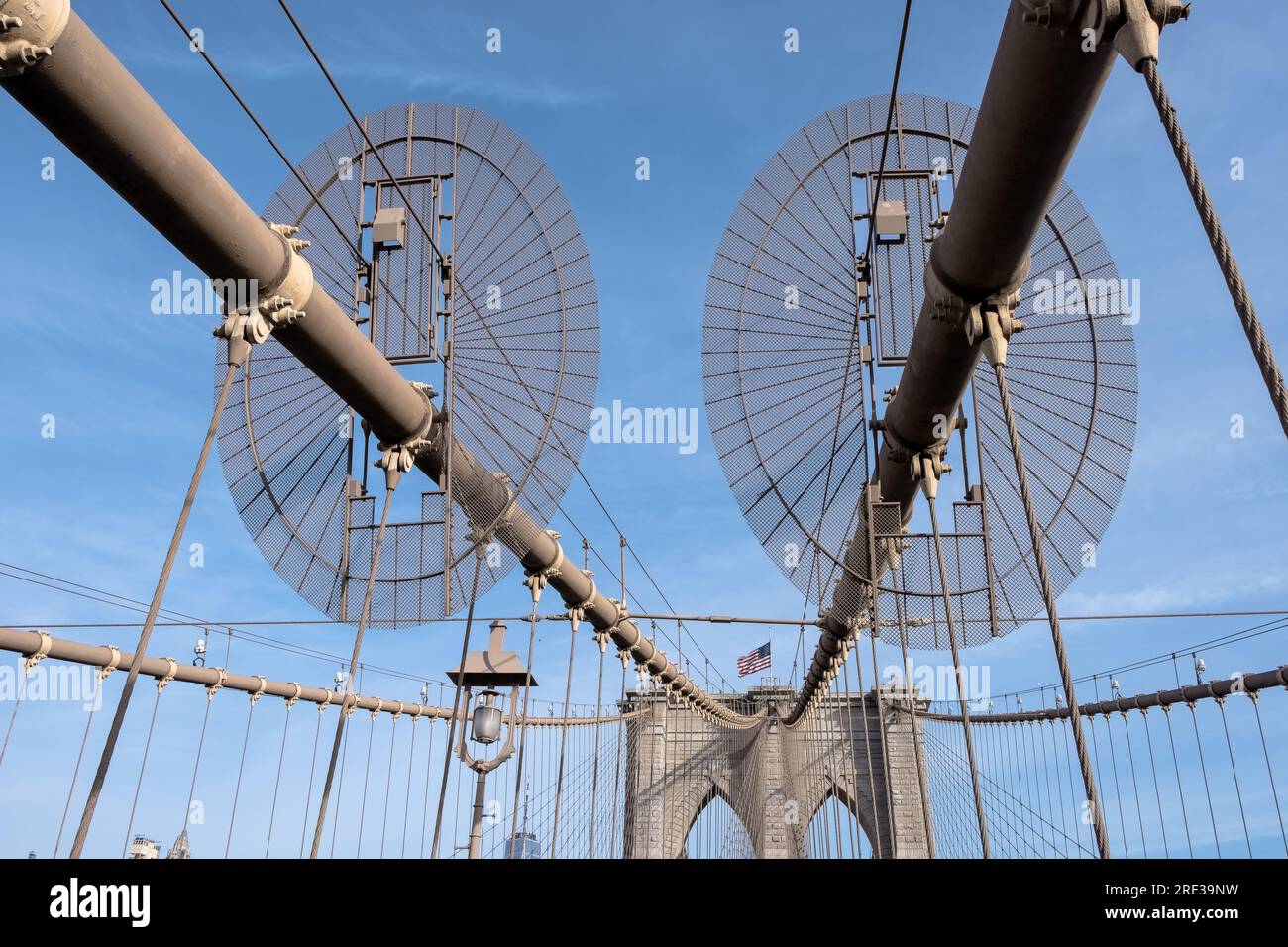 Architectural detail of the Brooklyn Bridge, a hybrid cable-stayed ...