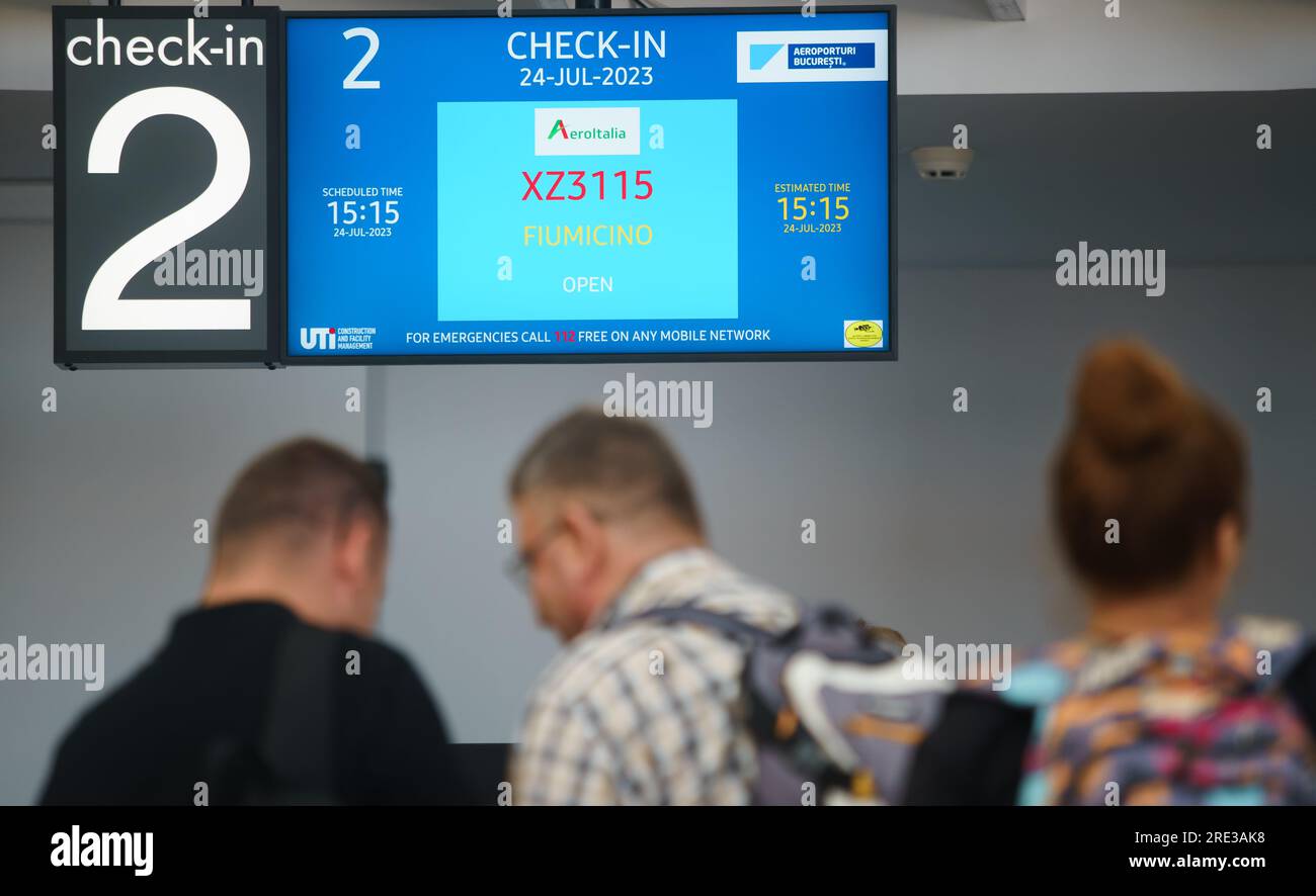 Bucharest, Romania. 24th July, 2023: Passengers check-in for an ...