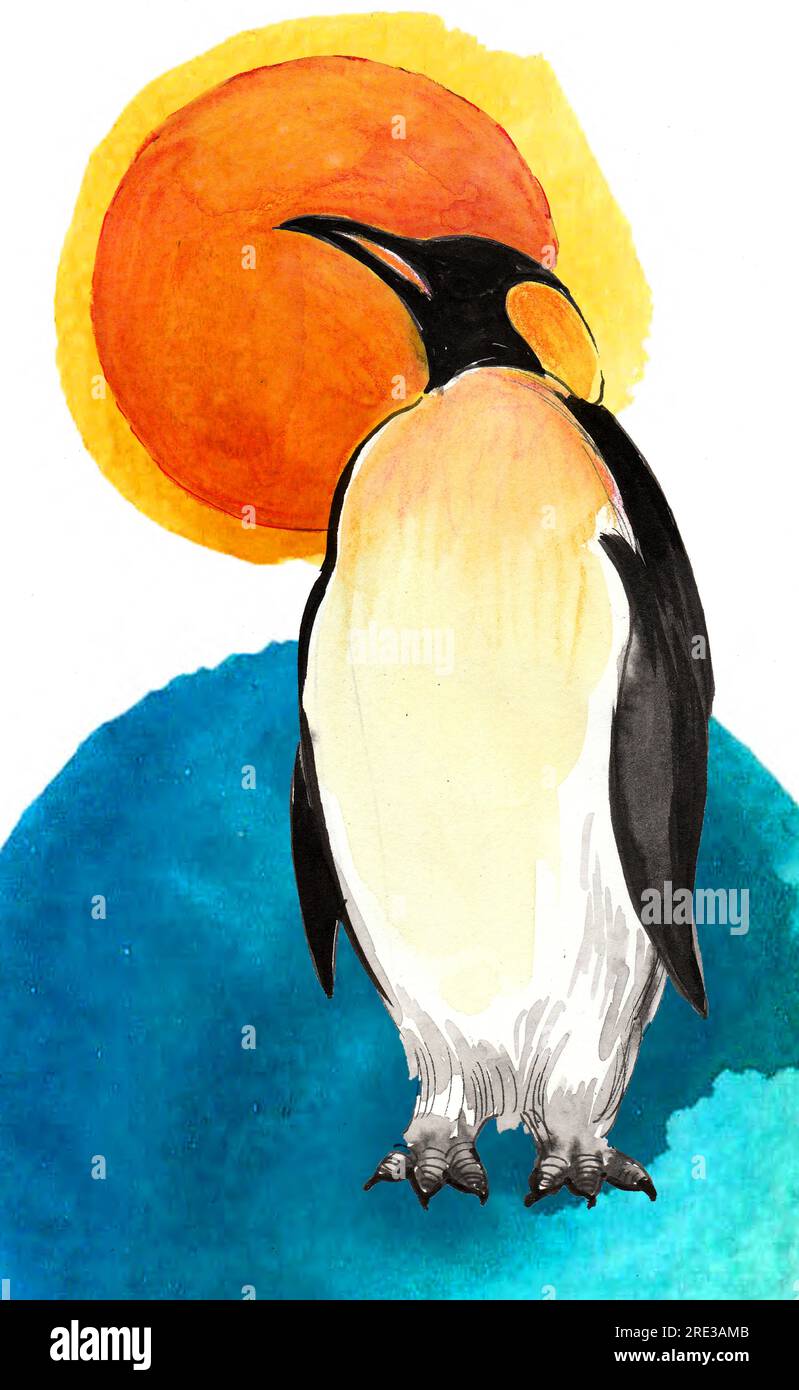 Penguin and the sun. Ink and watercolor drawing Stock Photo - Alamy