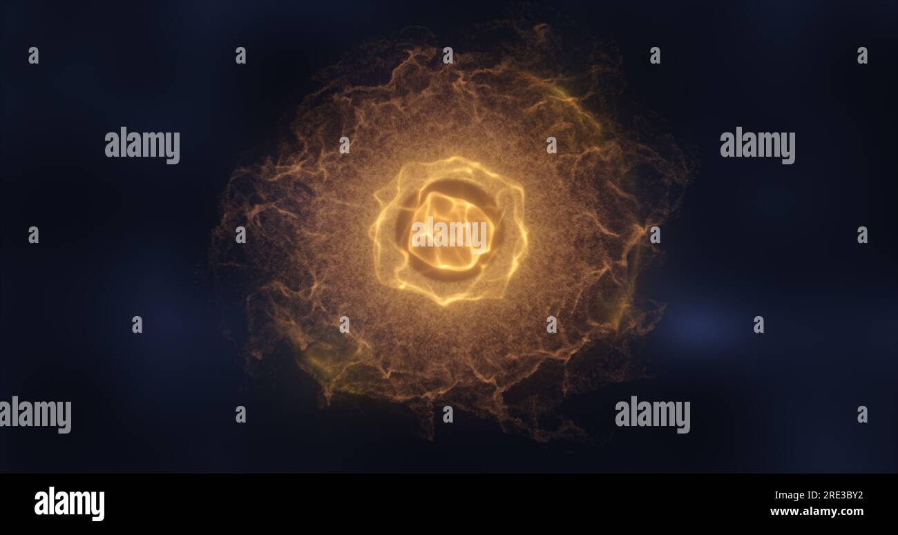 Abstract sphere atom with electrons flying glowing yellow bright ...