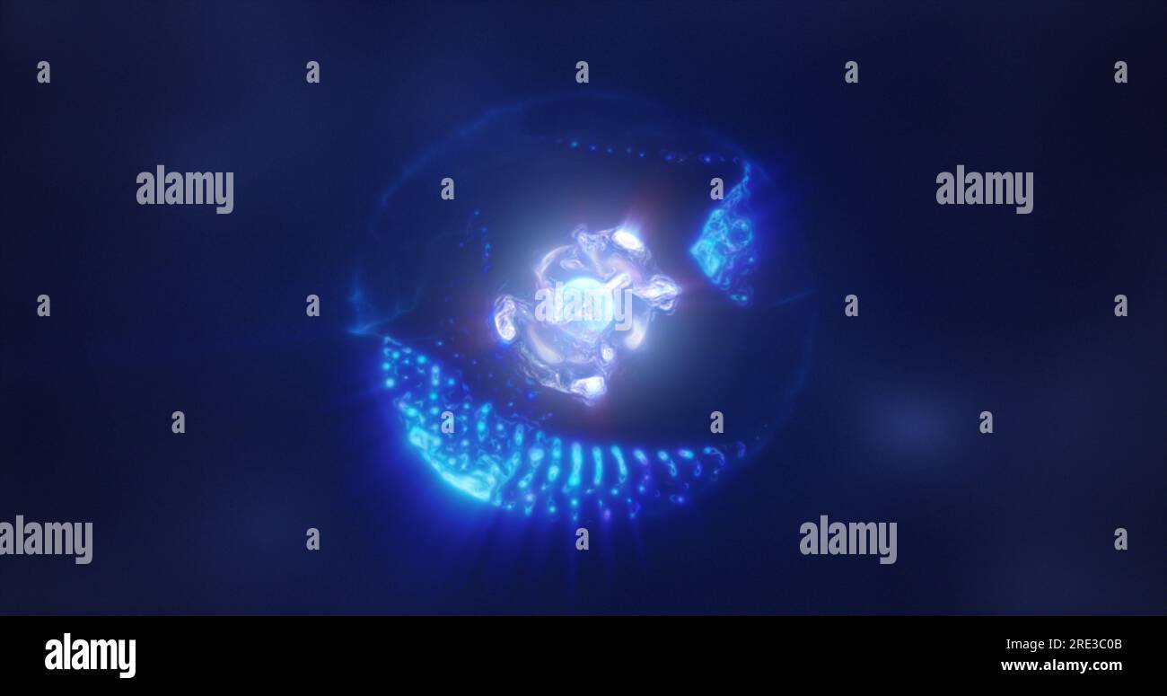 Abstract blue energy sphere with flying glowing bright particles ...