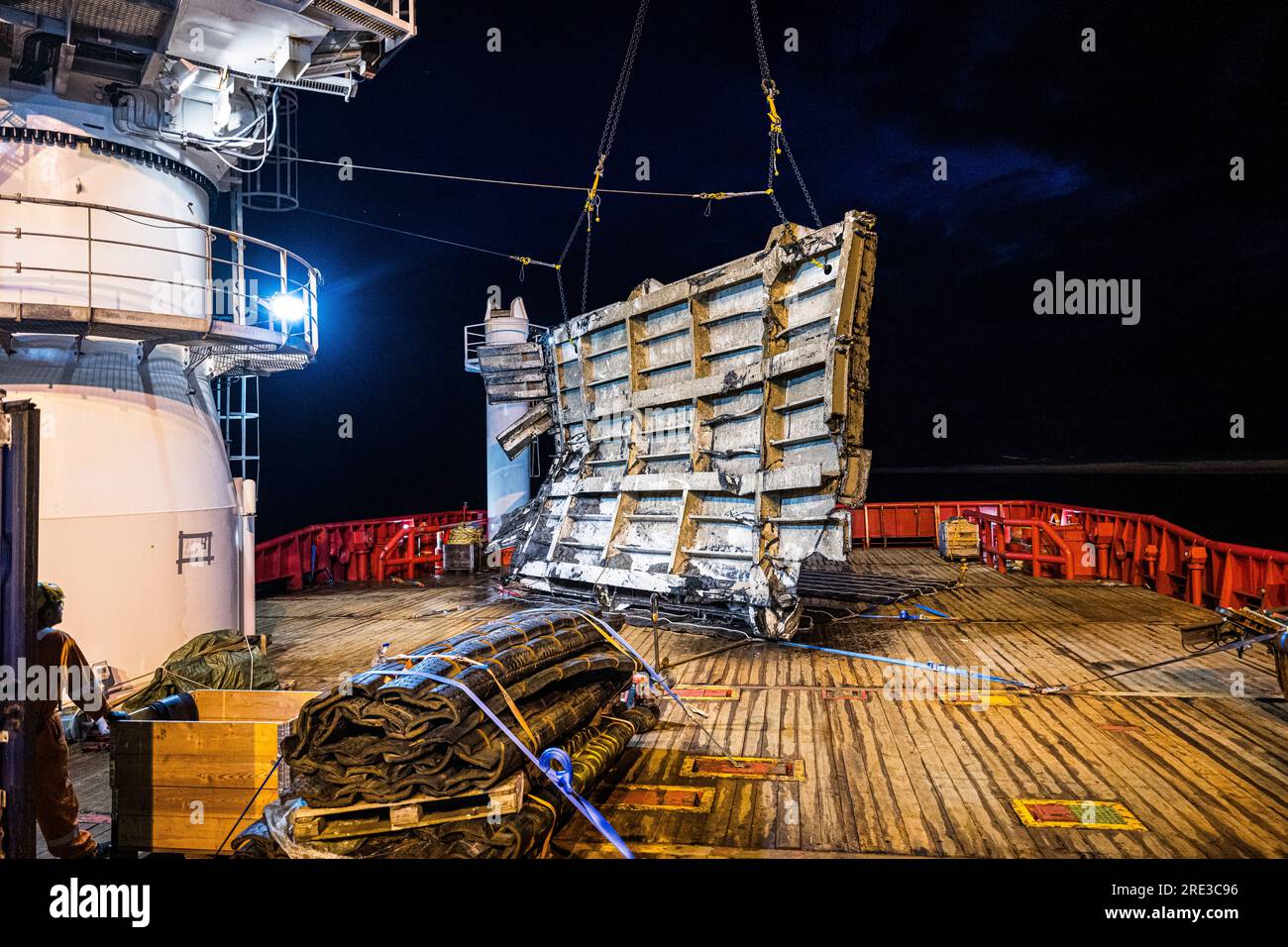 BALTIC SEA 20230725 The salvage of the bow ramp from the wreck Estonia ...