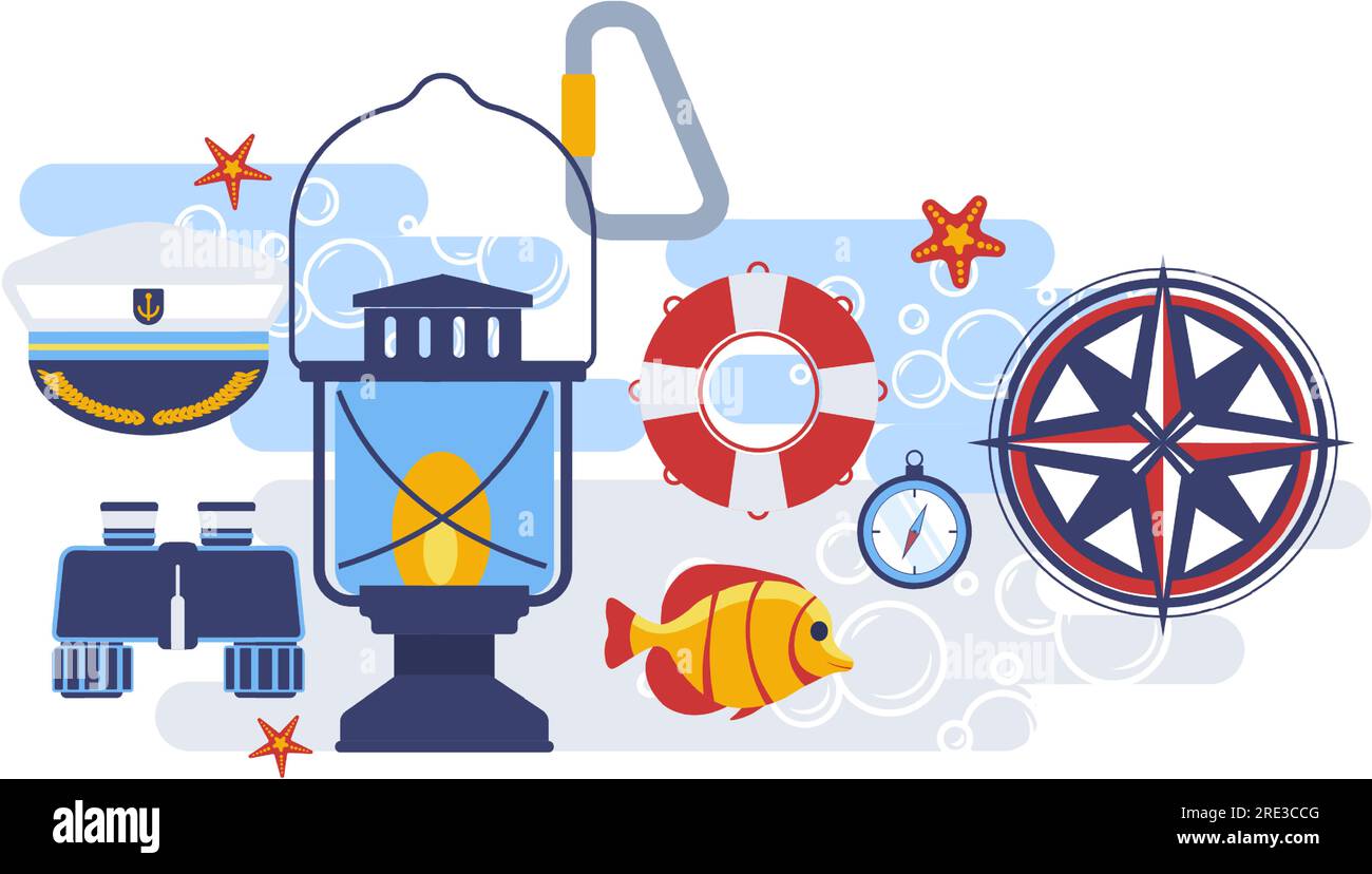 Nautical themed elements, marine signs, lantern with light, binoculars ...