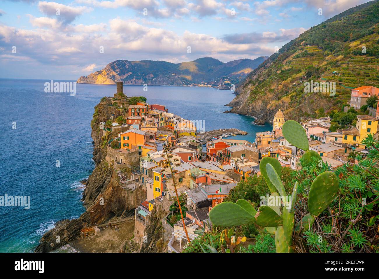 Colorful cityscape of buildings over Mediterranean sea, Europe, Cinque ...