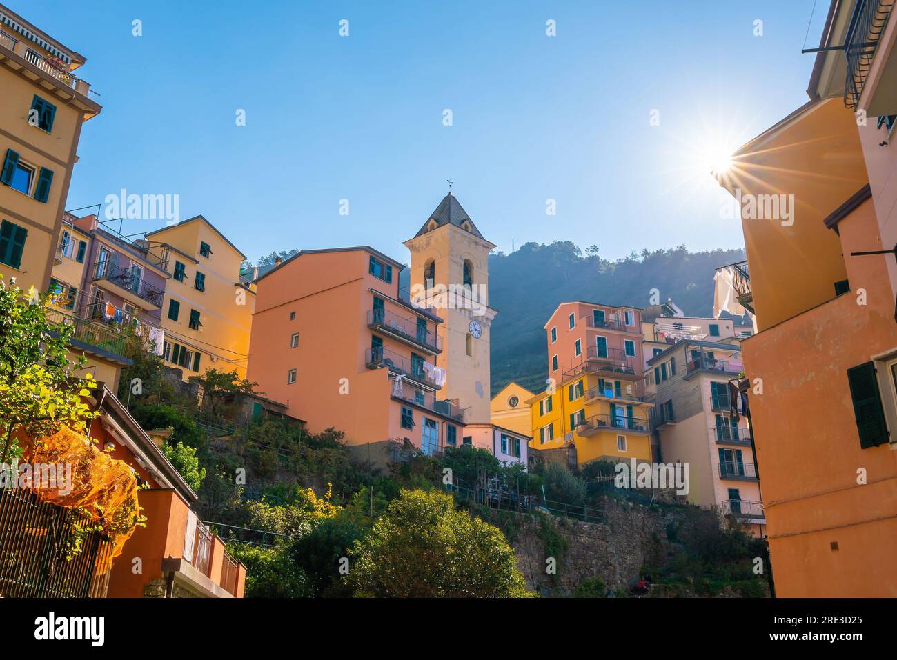 Colorful cityscape of buildings over Mediterranean sea, Europe, Cinque ...