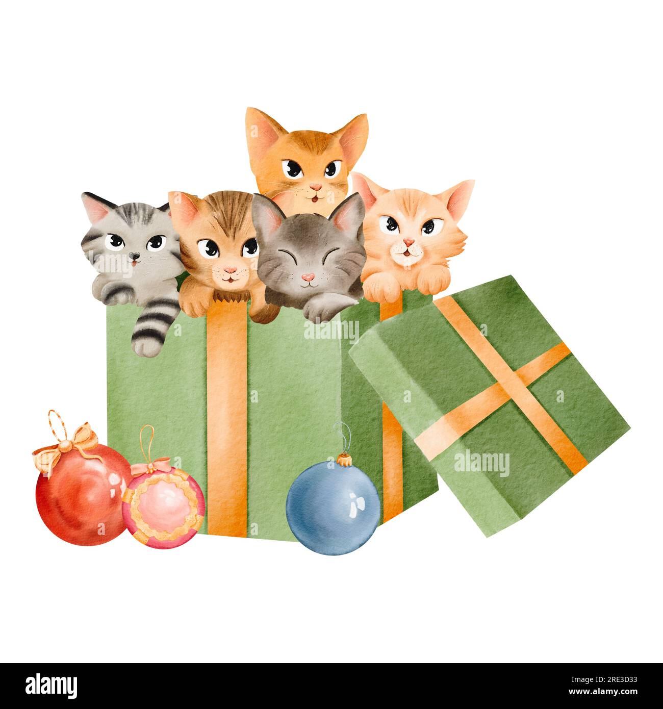 composition. A large green gift box with a gold ribbon. cute colorful ...