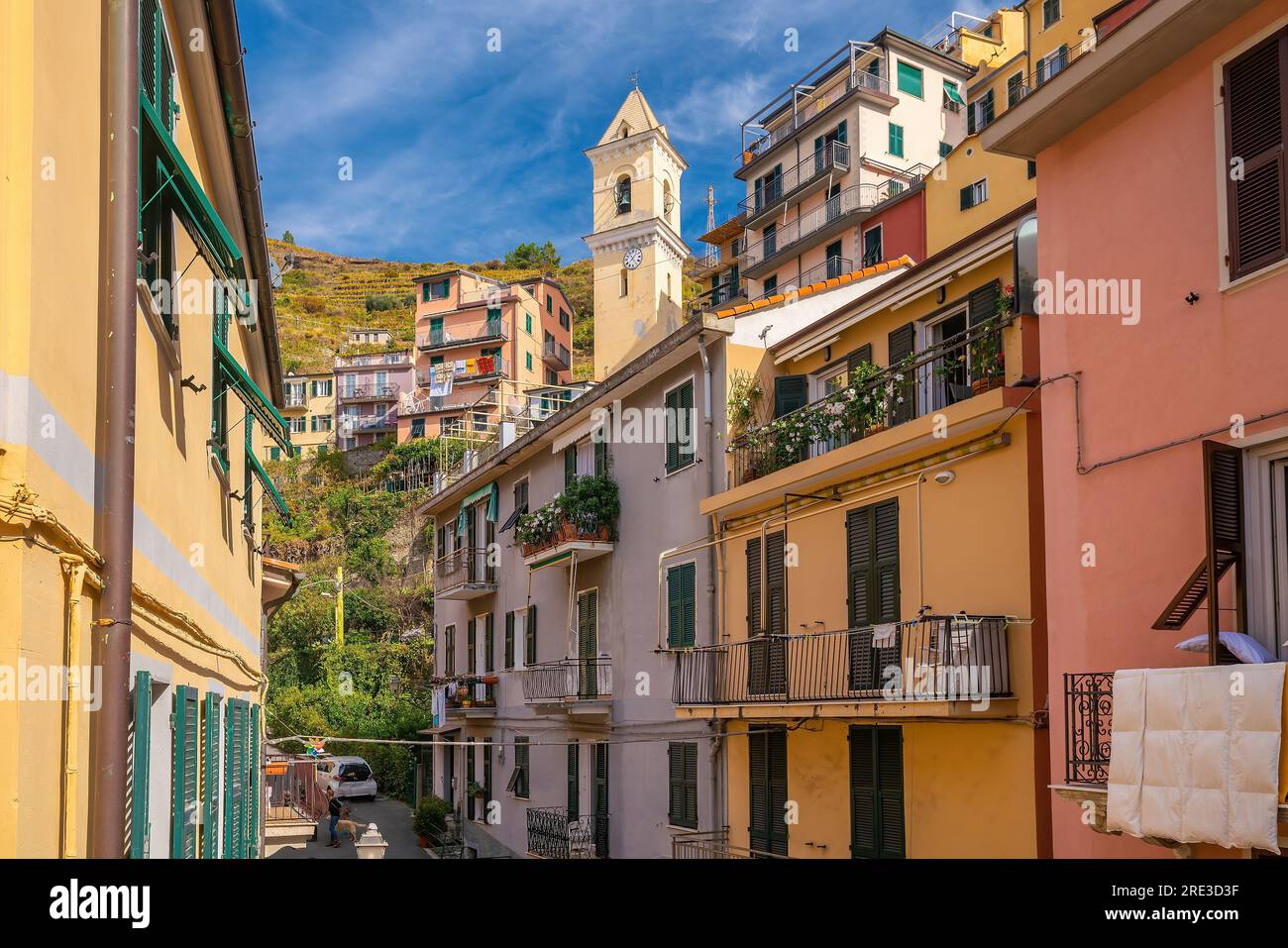 Colorful cityscape of buildings over Mediterranean sea, Europe, Cinque ...