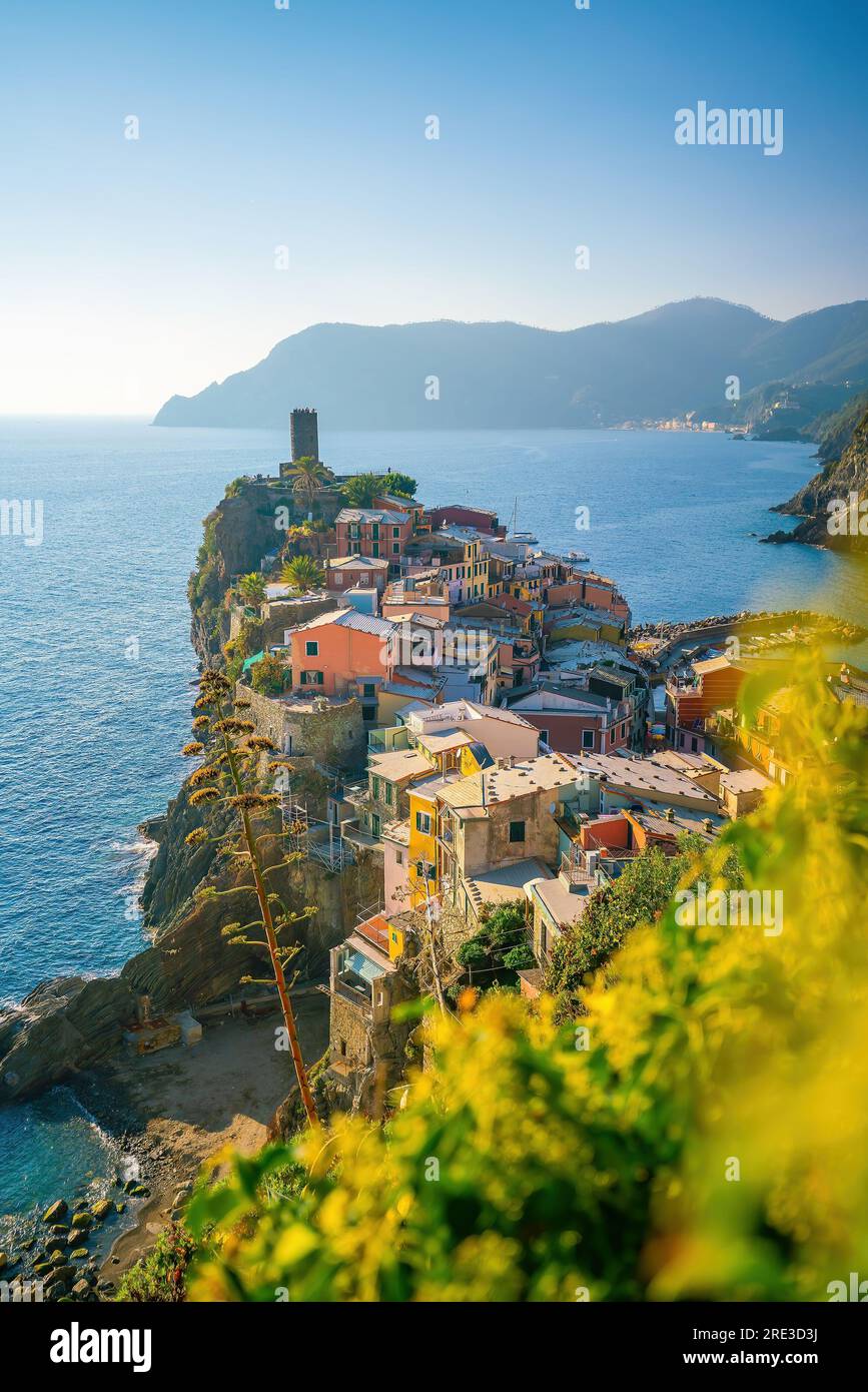 Colorful cityscape of buildings over Mediterranean sea, Europe, Cinque ...