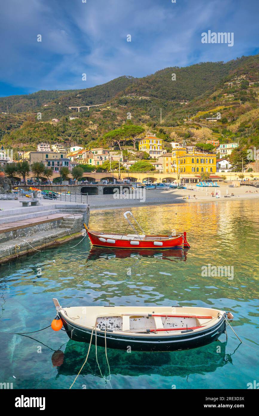 Colorful cityscape of buildings over Mediterranean sea, Europe, Cinque ...