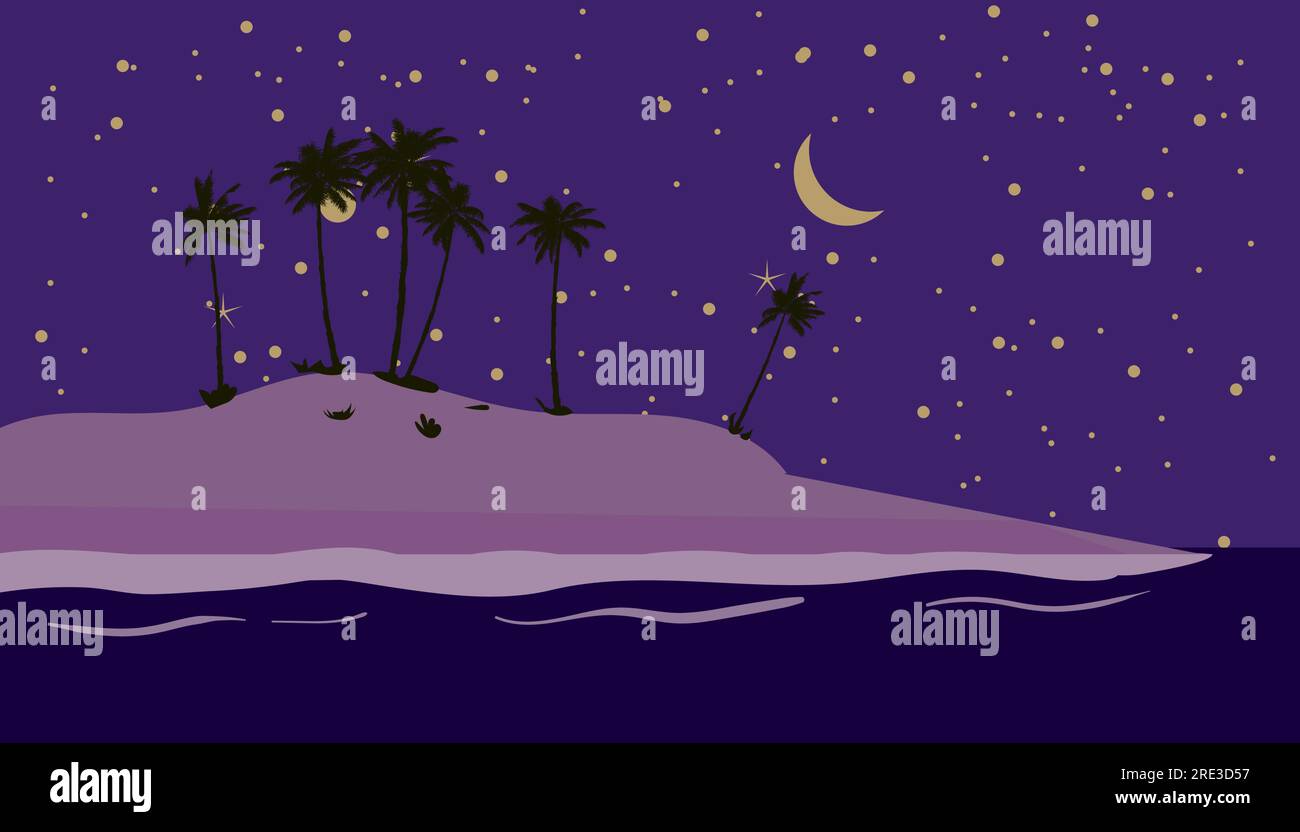 Tropical seashore night landscape, coast, palms, moonlight. Summer ...