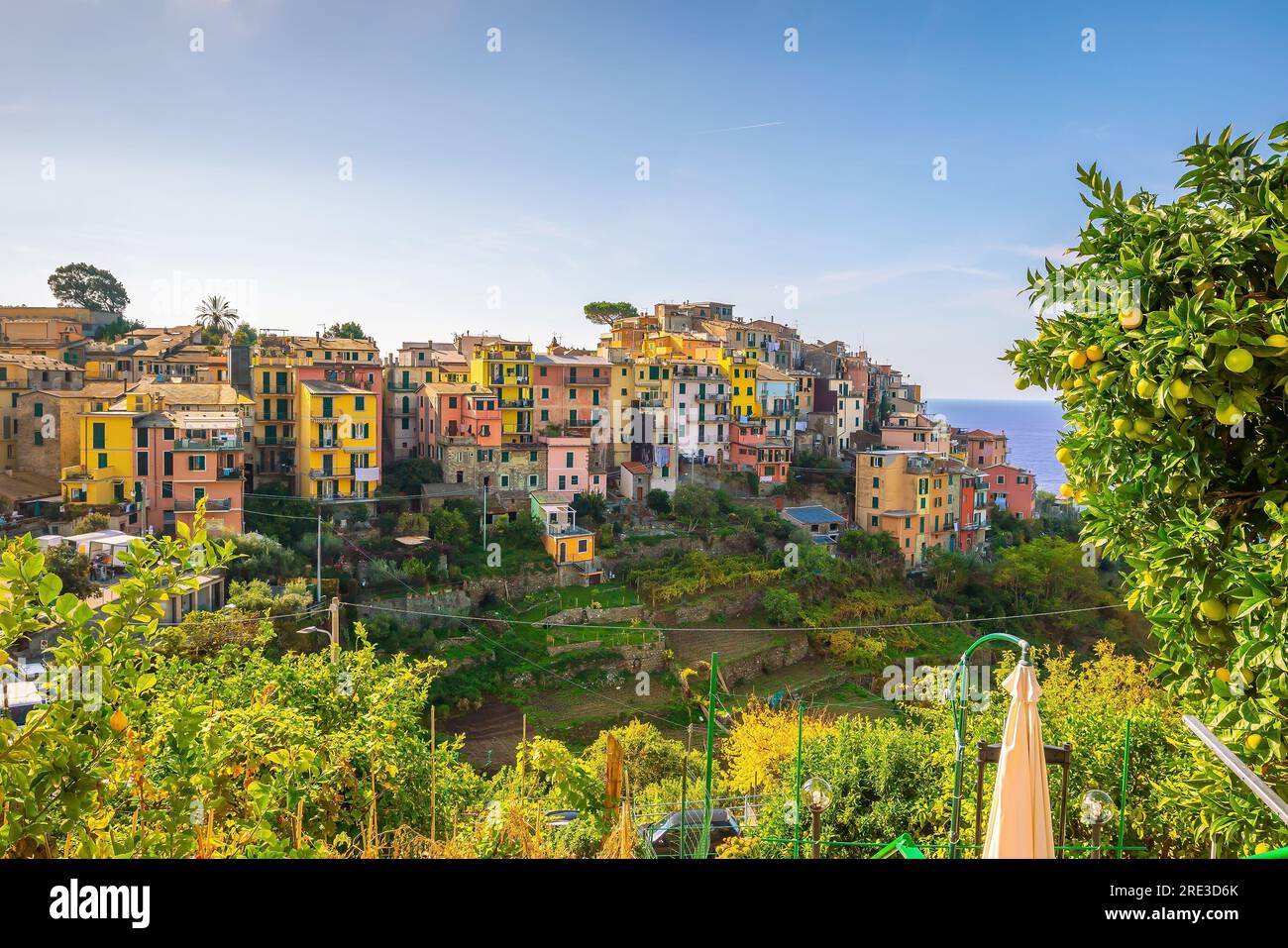 Colorful cityscape of buildings over Mediterranean sea, Europe, Cinque ...