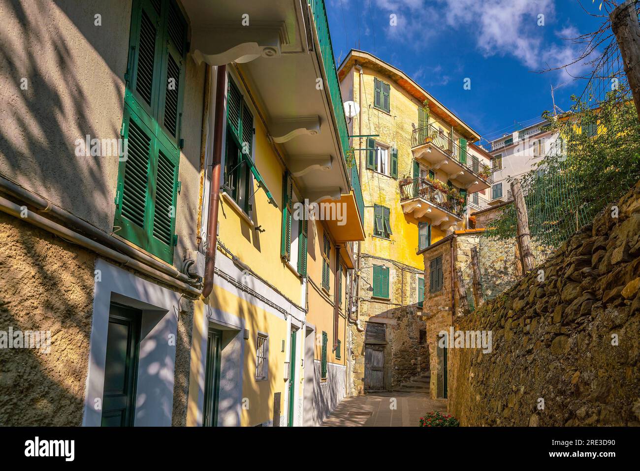 Colorful cityscape of buildings over Mediterranean sea, Europe, Cinque ...