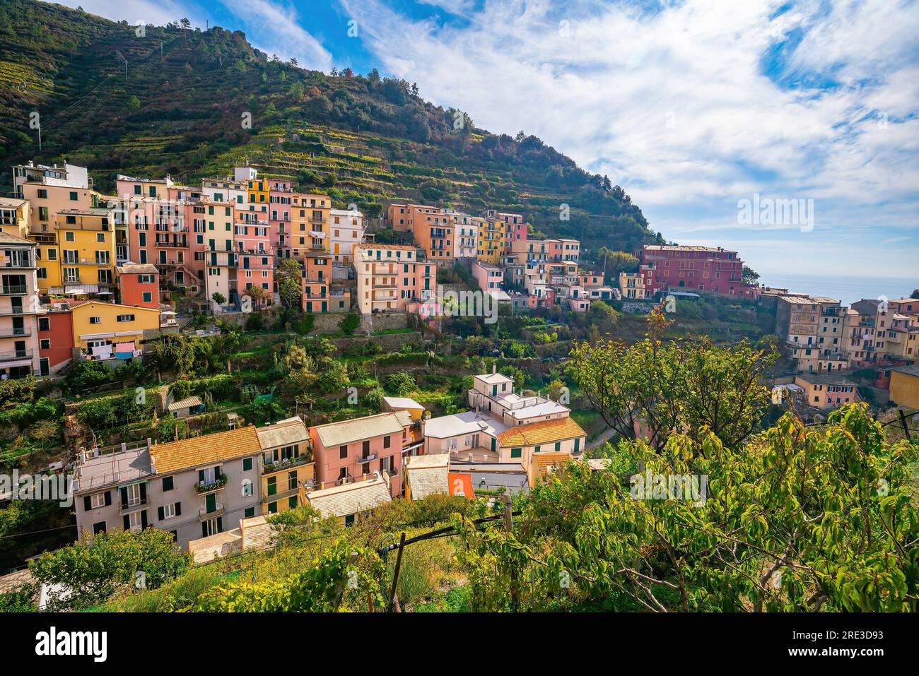 Colorful cityscape of buildings over Mediterranean sea, Europe, Cinque ...