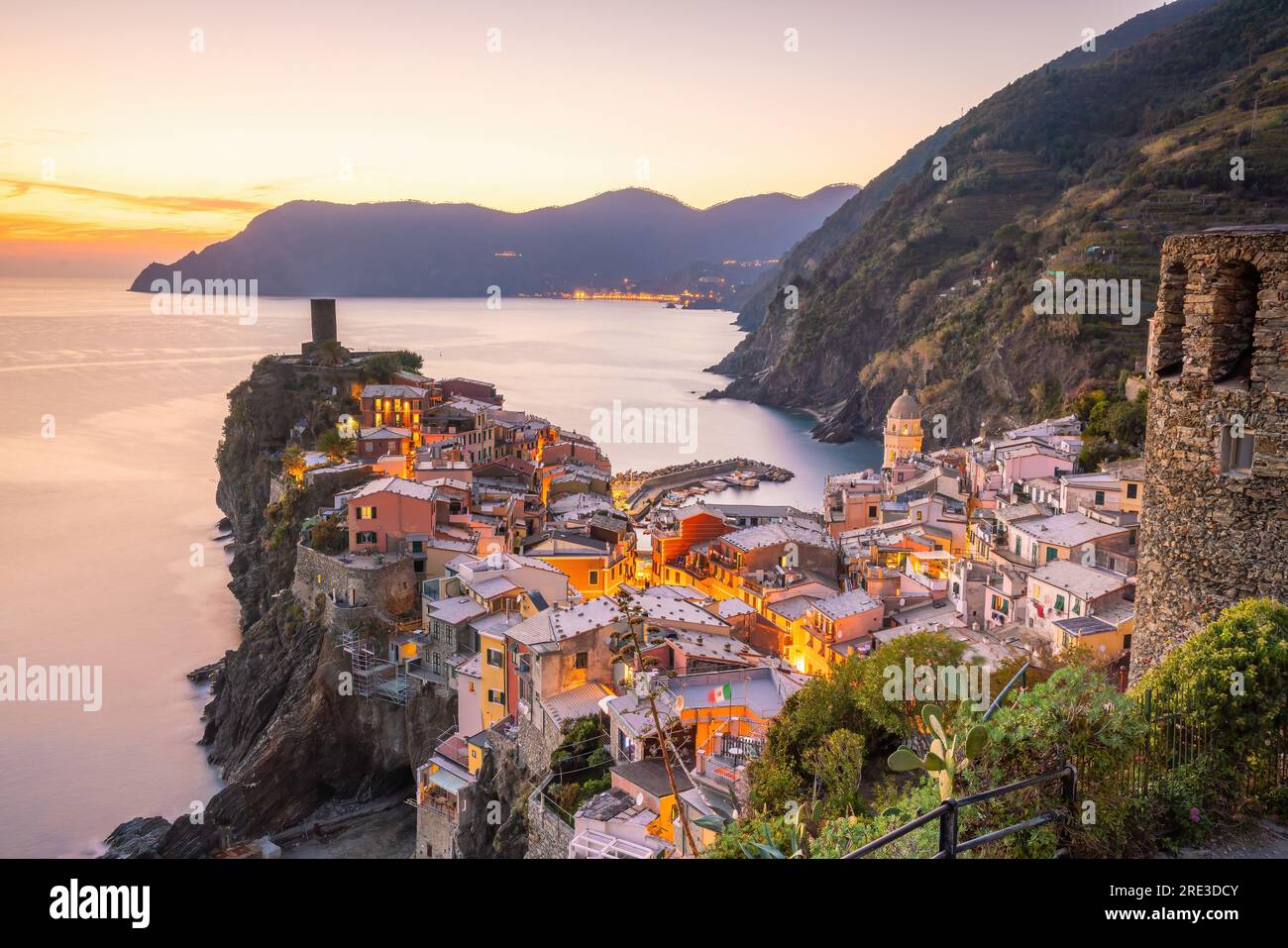 Colorful cityscape of buildings over Mediterranean sea, Europe, Cinque ...
