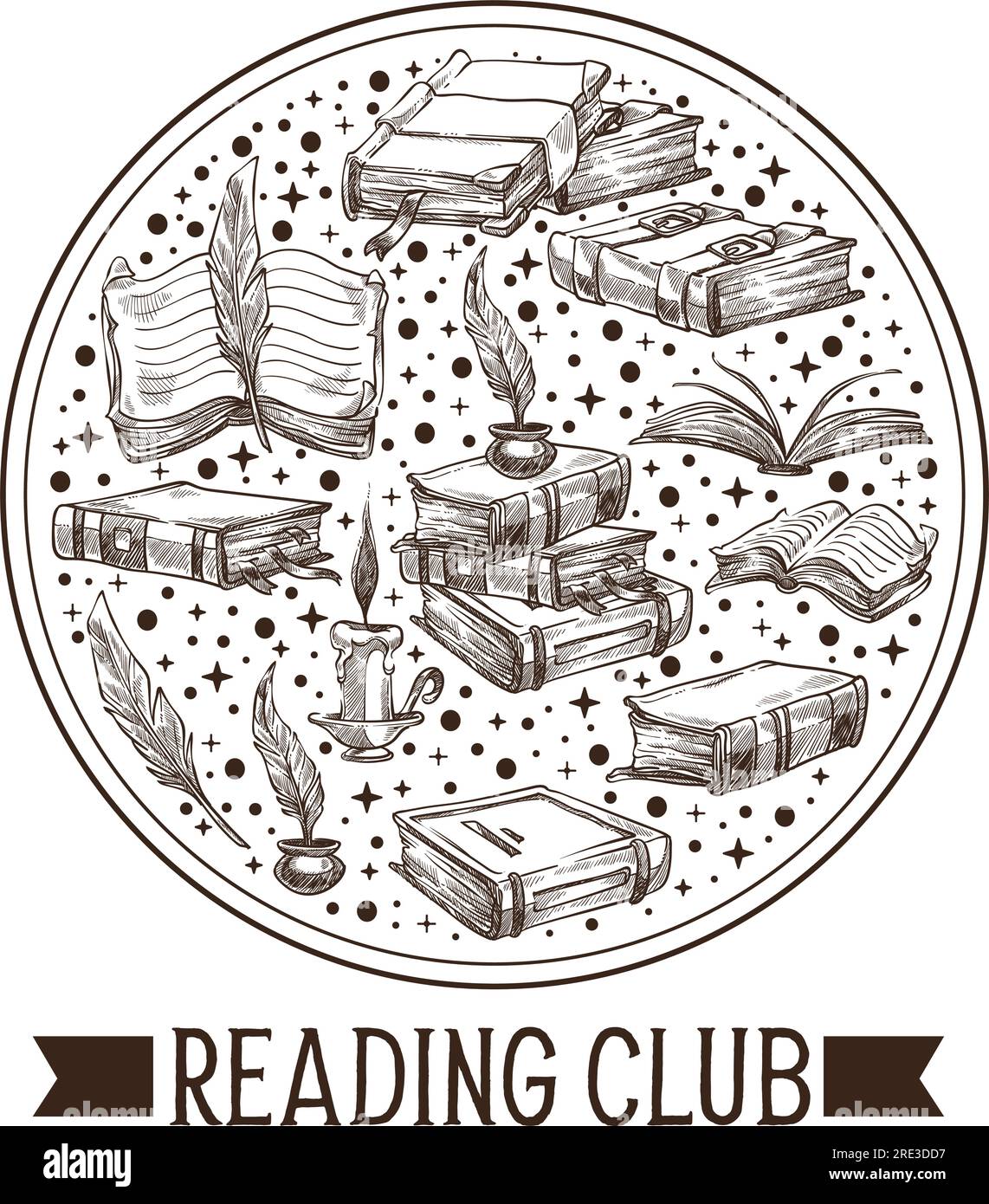 Library or bookstore shop, reading club emblem with textbooks and ...