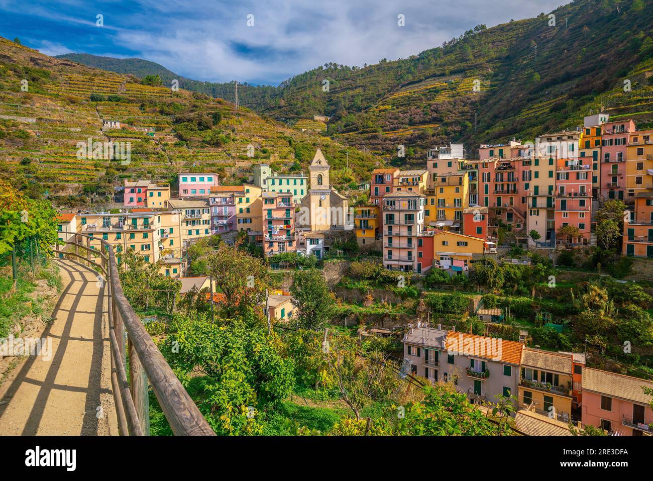 Colorful cityscape of buildings over Mediterranean sea, Europe, Cinque ...