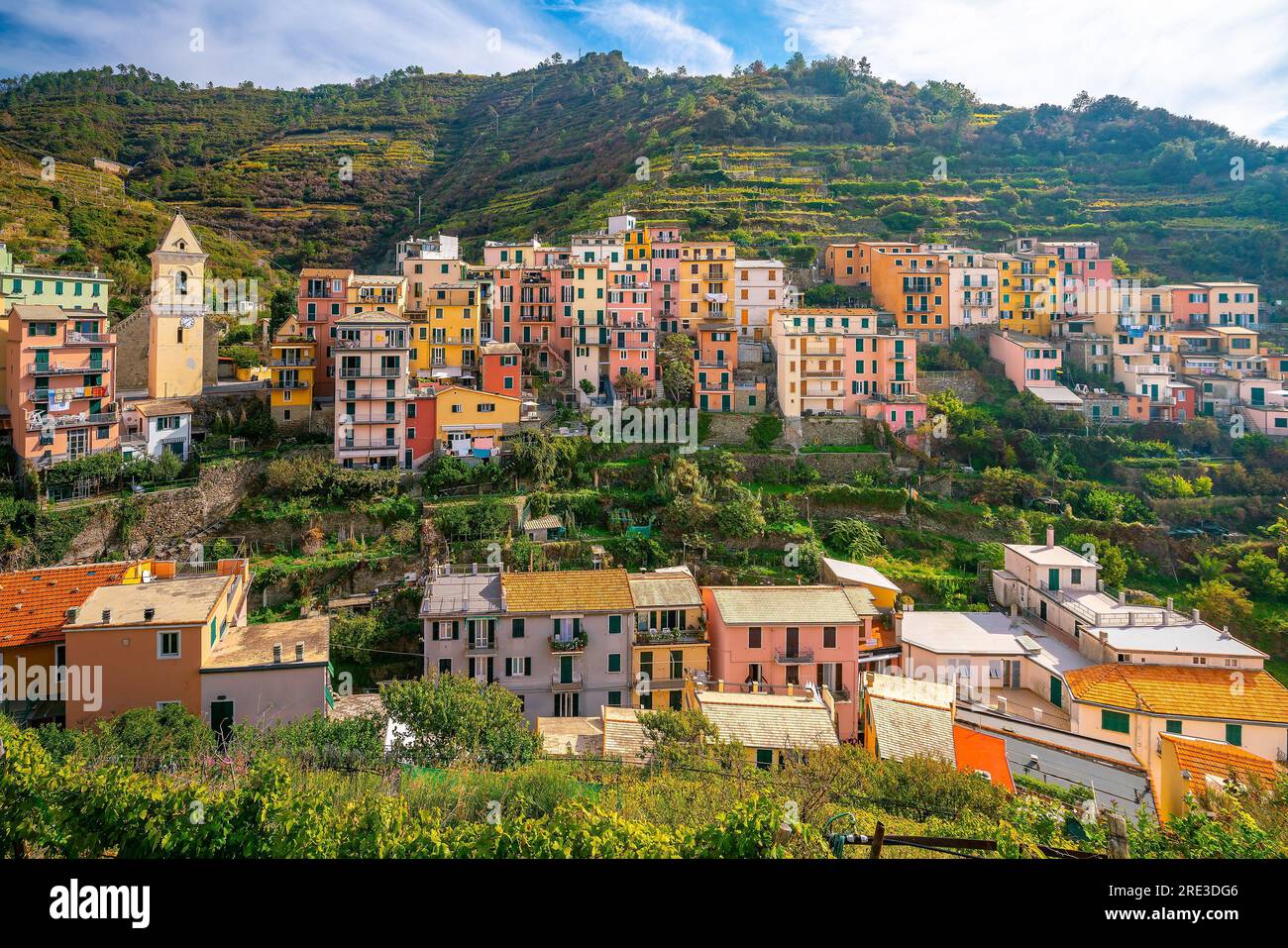 Colorful cityscape of buildings over Mediterranean sea, Europe, Cinque ...
