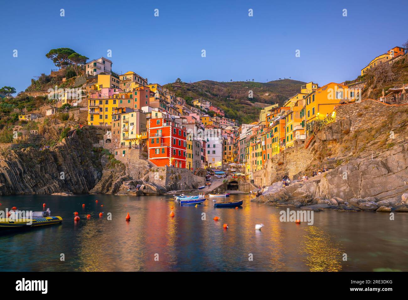 Colorful cityscape of buildings over Mediterranean sea, Europe, Cinque ...