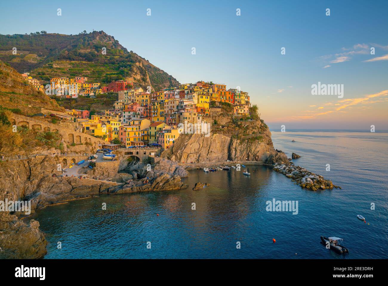 Colorful cityscape of buildings over Mediterranean sea, Europe, Cinque ...